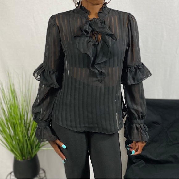 Tops | Black Sheer Ruffle Top | Poshmark